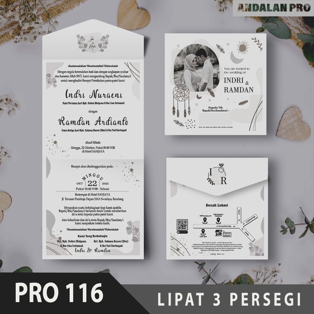 Jual 50 Desain Undangan Pernikahan Lipat 3 Persegi, Grayscale / Hitam ...