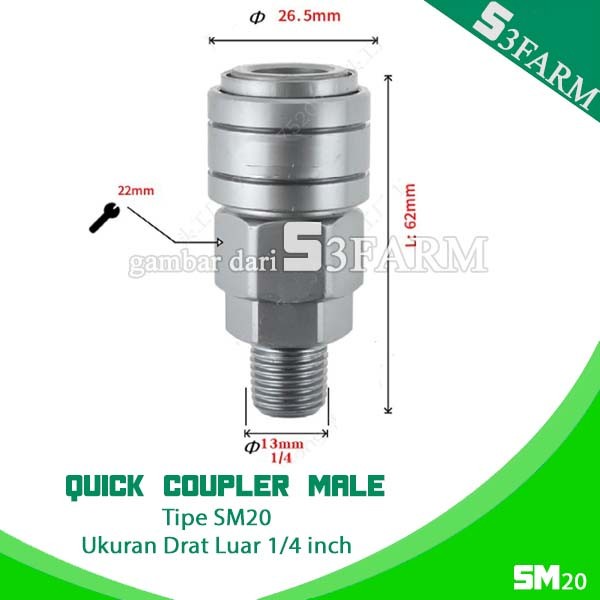 Jual Quick Coupler SM20 Sambungan Kompresor Female Recoil Drat Male 1/4 ...