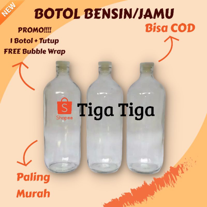 Jual Botol Kaca Bening Bolles / Botol Bensin 1 Liter plus tutup ...