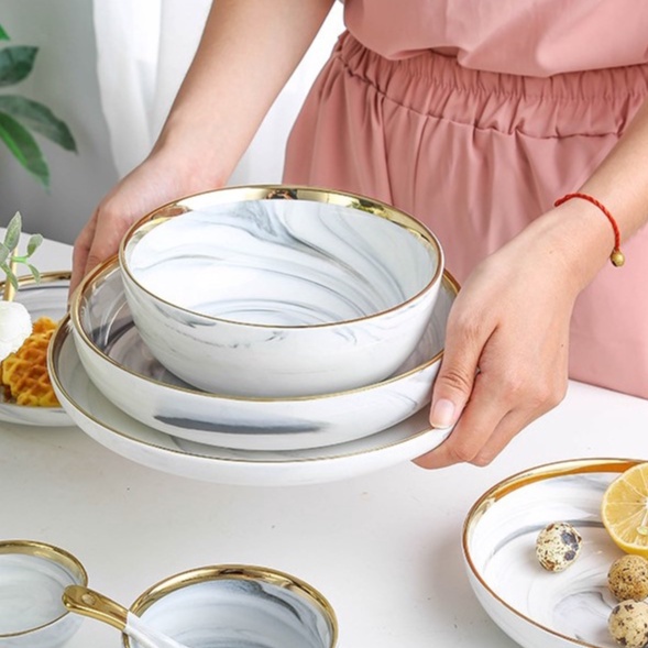 Jual (Large Size) Grey Marble Gold Plate / SATUAN Piring Mangkok Keramik Marble Marmer Abu List ...