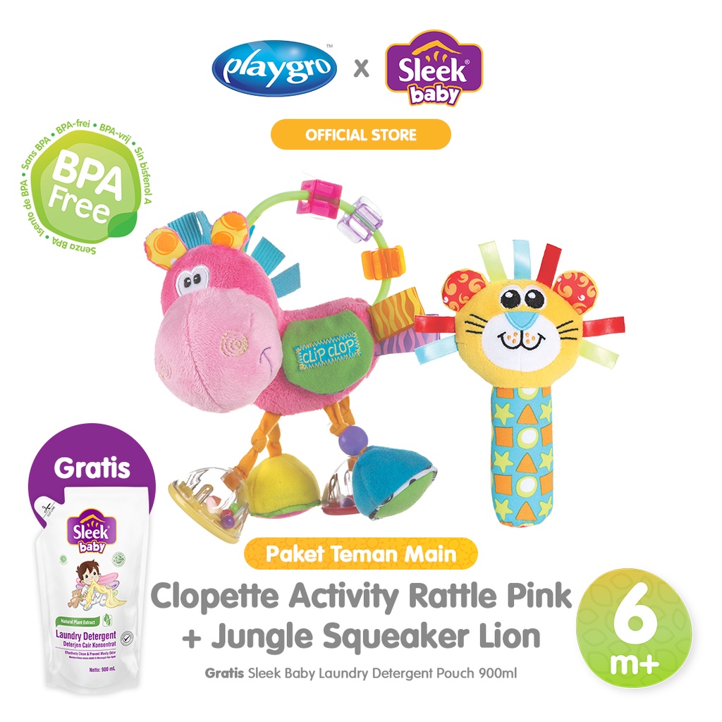 Jual Playgro Clopette Activity Rattle Pink + Jungle Squeaker Lion FREE ...