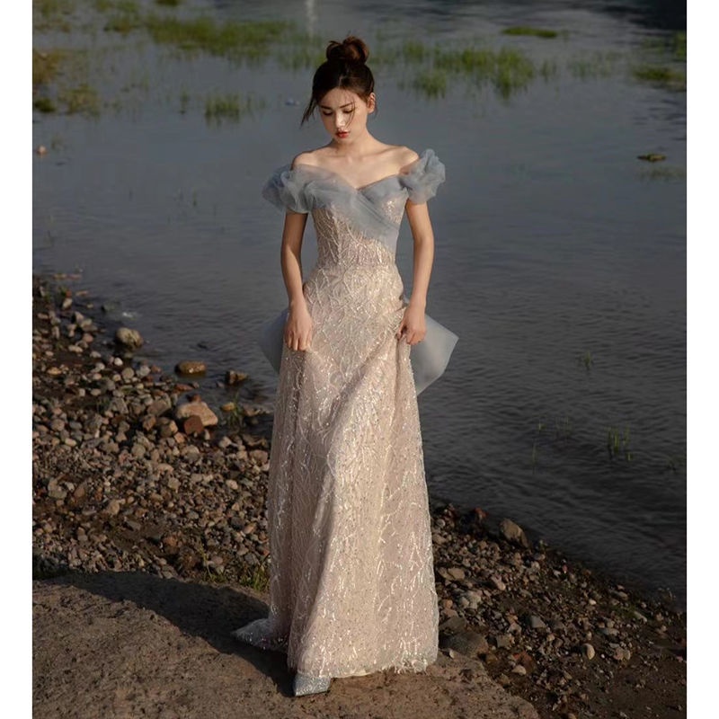 Jual Rok gaun malam perjamuan Prancis satu bahu pengiring pengantin ...