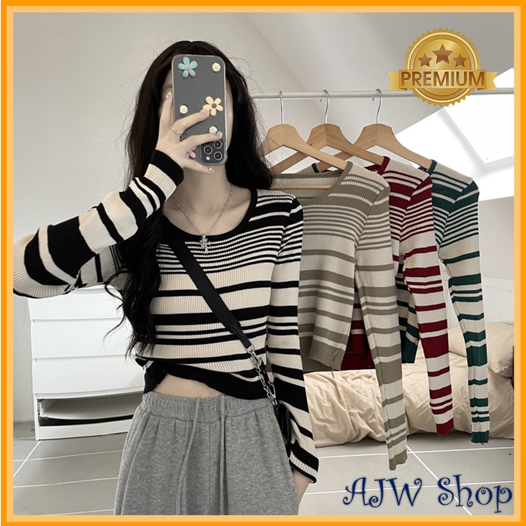 Jual AJW Atasan Wanita Rajut Salur Garis Garis Import Premium XF | Atasan Lengan Panjang Wanita ...