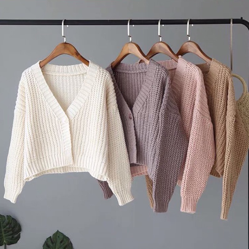 Jual Yuruma Korea V Neck Long Sleeved Rajutan Cardigan Sweater Longgar Kaos Perempuan Shopee