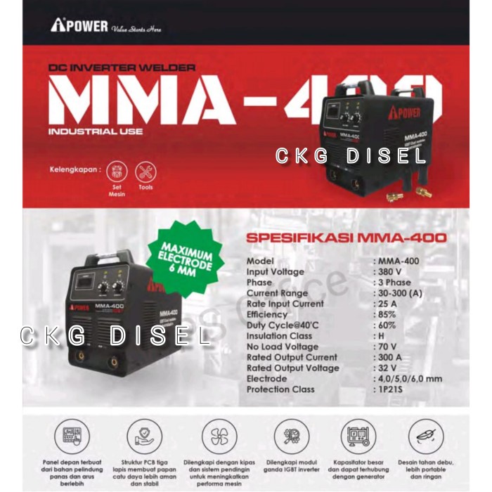 Jual Mesin Trafo Las DC Inverter MMA-400 Aipower Trafo Las IGBT 3 Phase ...