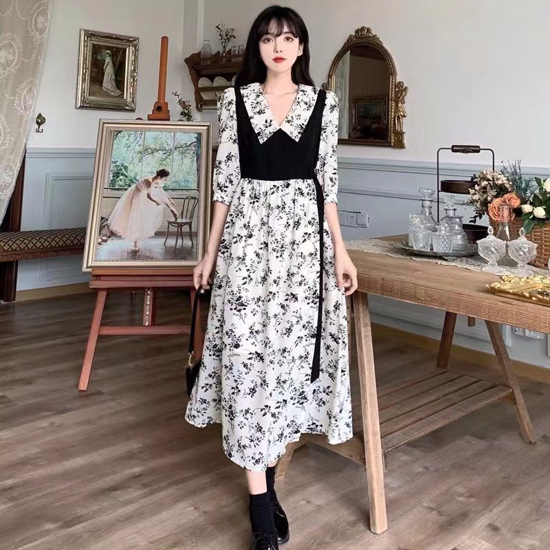 Jual FAN 2024 baru retro ukuran besar wanita v -neck gaun bunga/dress ...