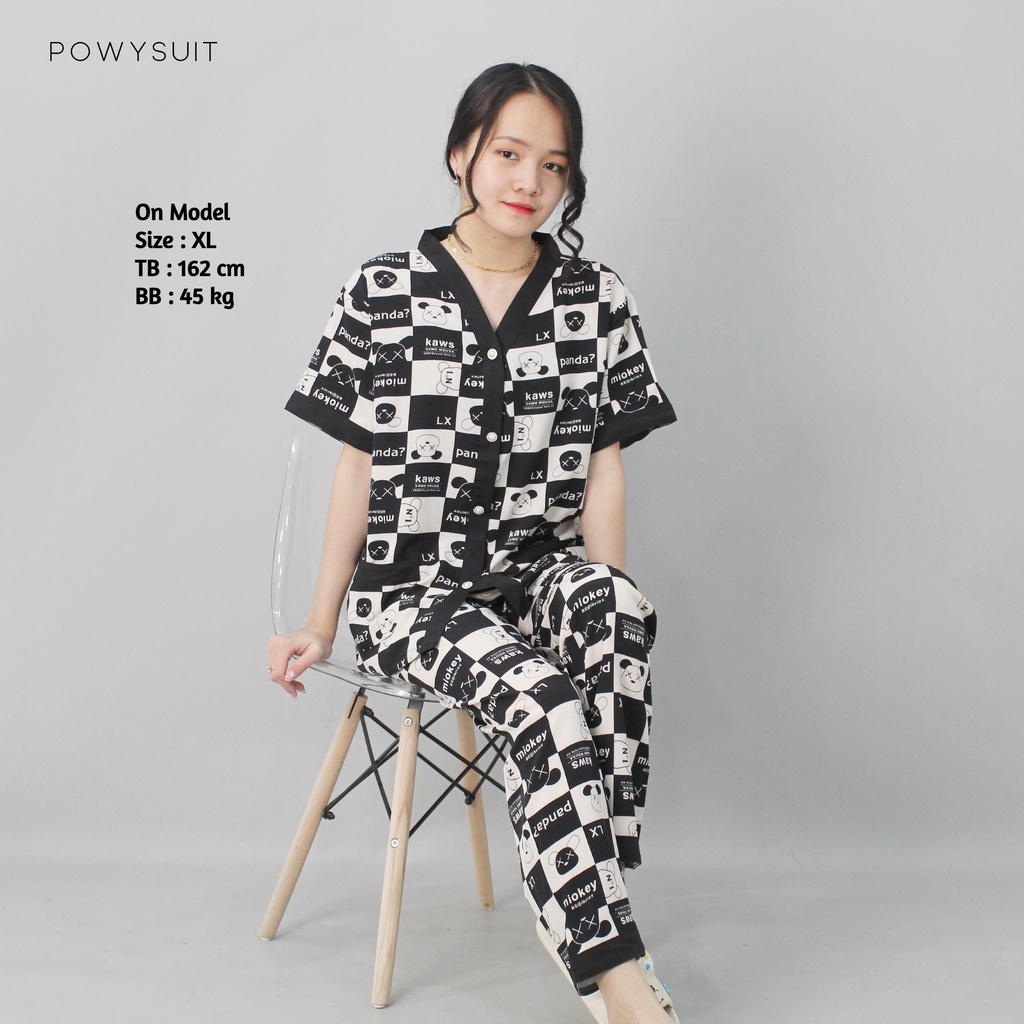 Jual Piyama Motif Kaws Panda Miokey Bahan Satin Lengan Pendek Celana Panjang Baju Tidur Wanita ...