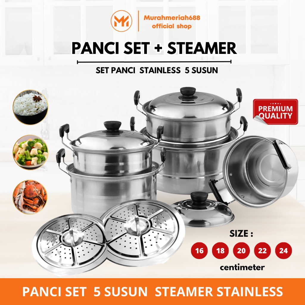 Jual Panci Set 5 SUSUN + Steamer Stainless - Panci 16-24 CM Original ...