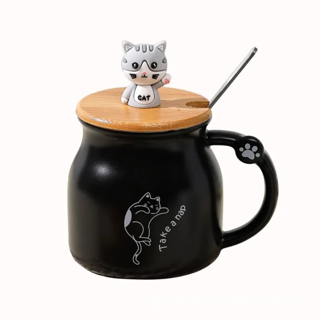 Jual Mug Motif Kucing dengan Tutup Kayu / Cangkir Cute Kucing | Shopee ...