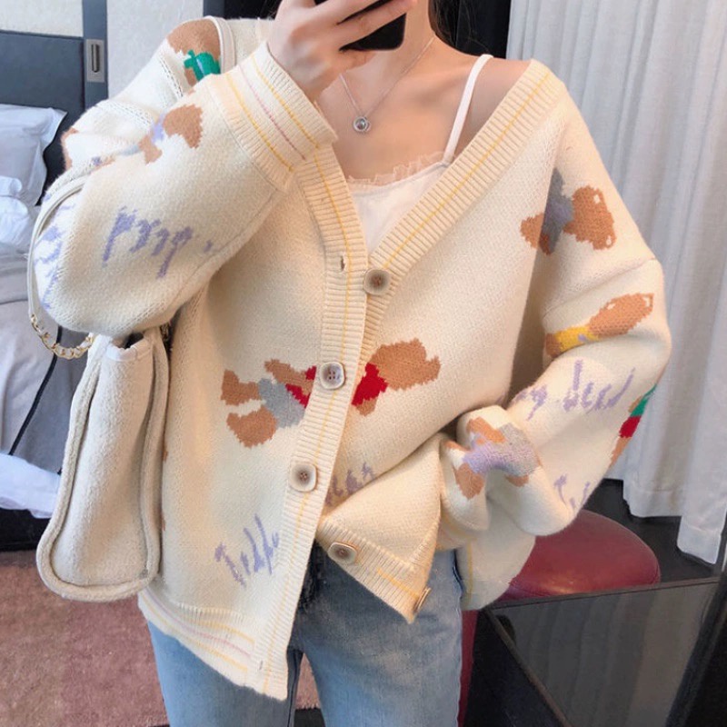 Jual Korea Beruang Rajutan Cardigan Wanita Longgar V Neck Sweater Jaket ...