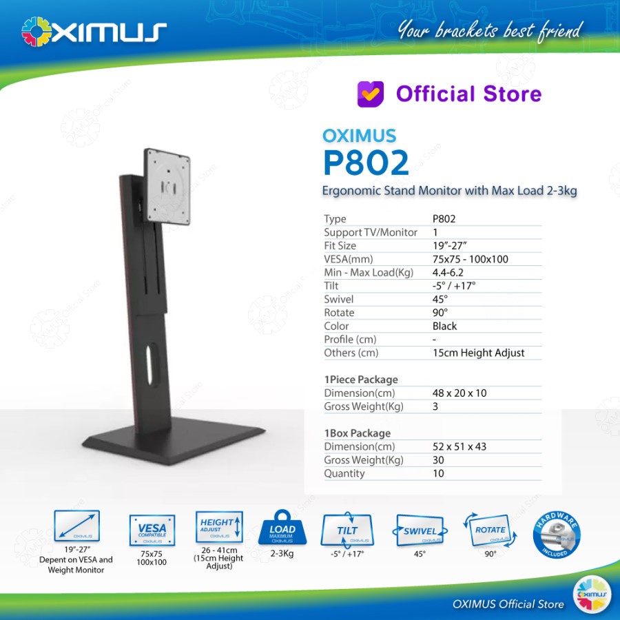 Jual Bracket LCD LED Monitor Ergonomic Stand Oximus P802 HAS Rotate ...