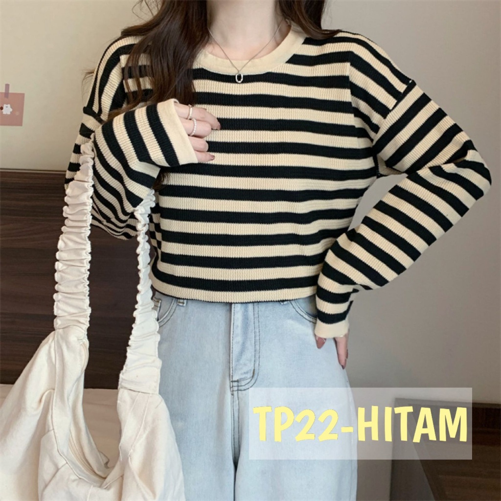 Jual [BEE] - TP22 | Atasan Rajut Wanita Motif Belang Atasan lengan Panjang Rajut Korean Top ...