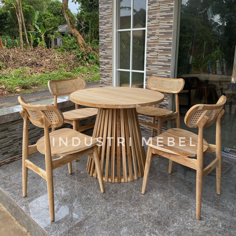 Jual Satu Set Meja Makan Jati Minimalis Modern Bundar - Kursi Cafe Resto Rotan Scandinavian ...