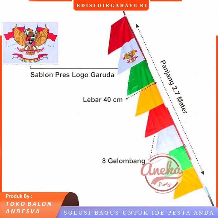 Jual Bendera Umbul Umbul Hijau Kuning zig zag garuda / bendera kain HUT garuda / bendera tiang ...