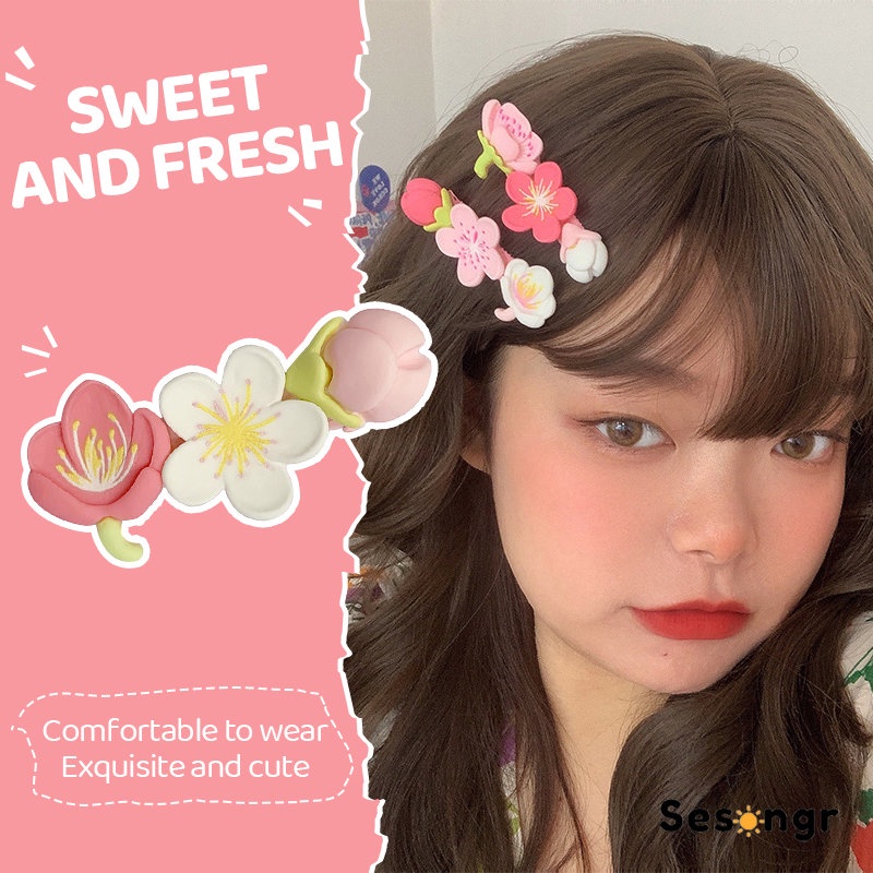 Jual Jepit Rambut Bunga Wanita Korea Persik Merah Muda Gadis Manis Klip ...