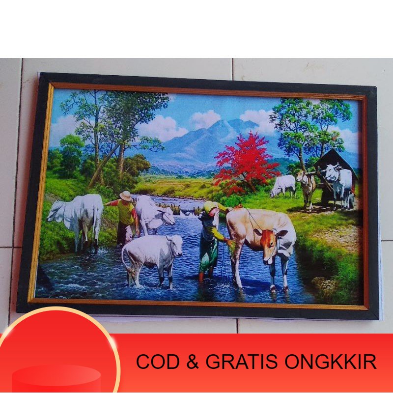 Jual Lukisan murah poster murah hiasan dinding gambar petani dan sapi ...