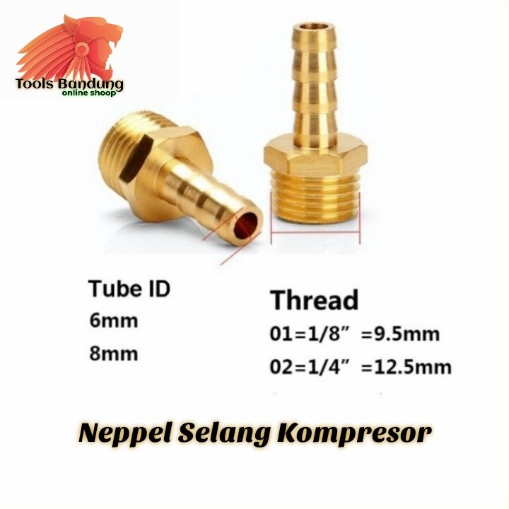 Jual Neppel Selang Kompresor Brass Pipe Fitting 6mm ( Drat Luar 1/4, 1/ ...