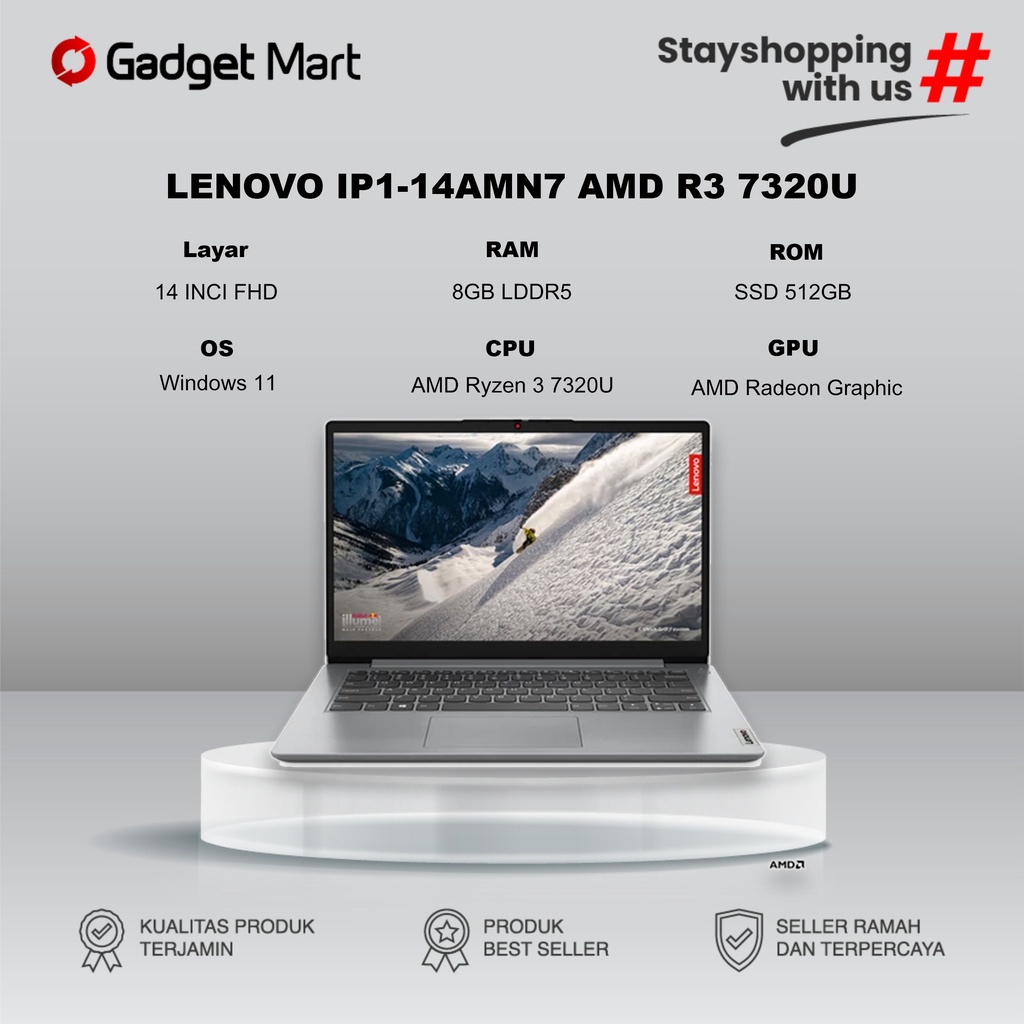 Jual Laptop LENOVO IP1-14AMN7 AMD R3 7320U 8GB SSD 512GB W11 OHS21 14 ...