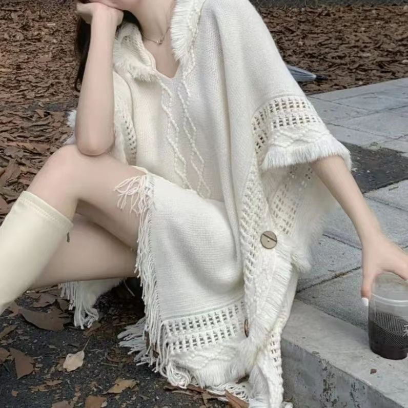 Jual Ukuran plus Shawl Tassel Knitwear Cape Hooded Scarf Versatile Coat ...