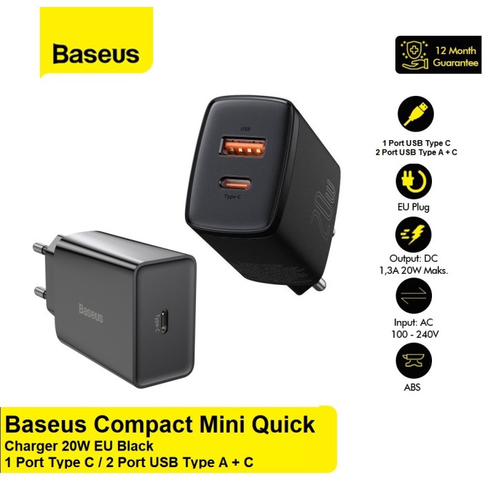 Jual Baseus Charger 20W Fast Charging Single / Dual Port USB Type A & C ...