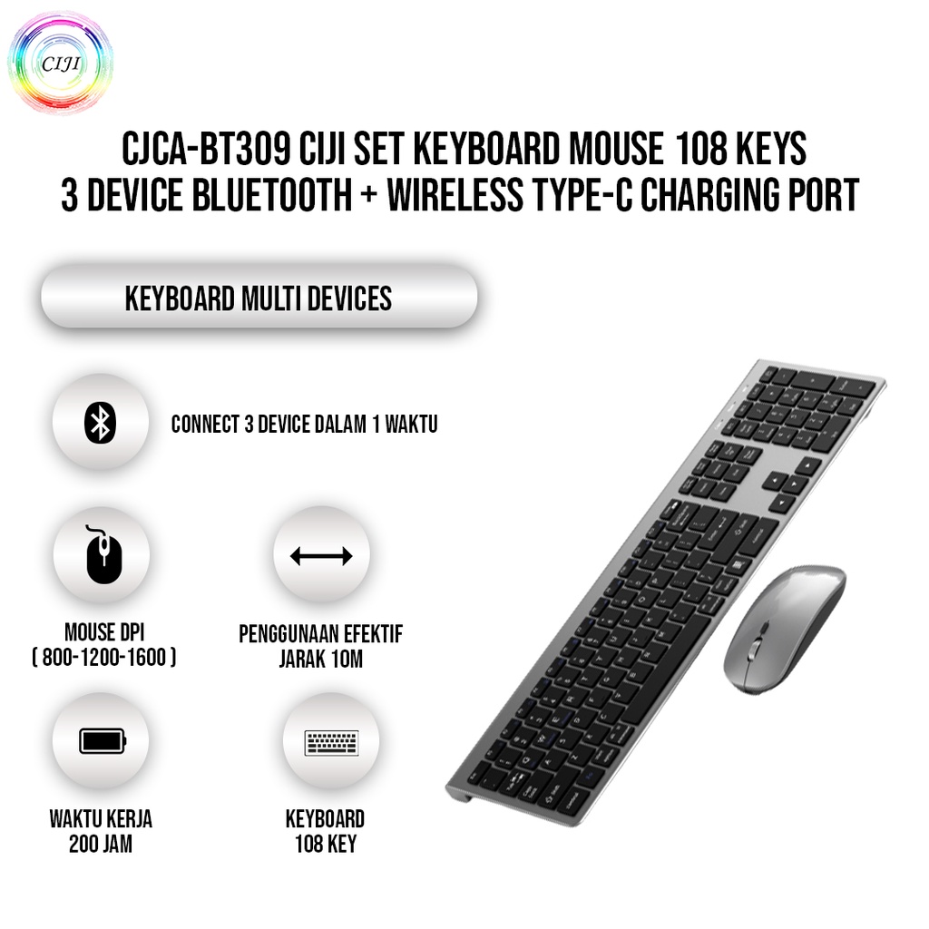 Jual CJCA-BT309 CIJI Set Keyboard Mouse 3 Device Bluetooth + Wireless ...