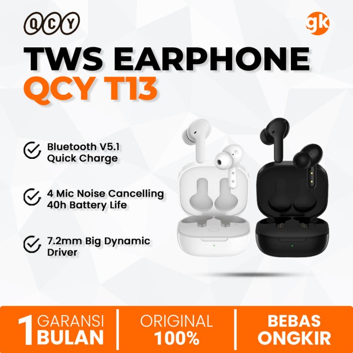 Jual QCY Earphone TWS T13 Headset Bluetooth 5.1 Wireless 4 Mic Noise Canceling Call | Shopee ...
