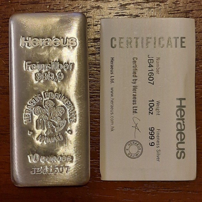 Jual LOGAM MULIA PERAK BATANGAN MURNI 10 OZ ARGOR HERAEUS FINE SILVER ...