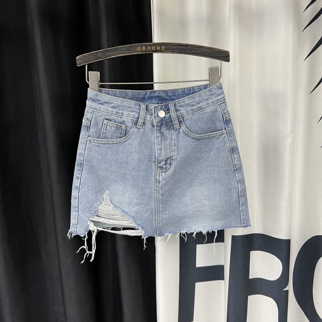 Jual Rok Jeans Pendek Wanita Jumbo Sobek Ripped Line Korean Style ...