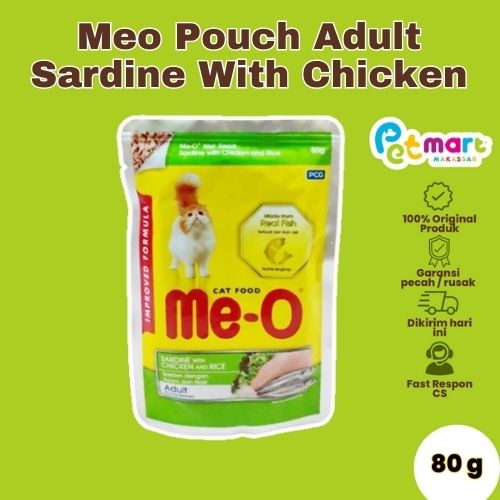 Jual Makanan Kucing Basah Dewasa Meo Pouch Sardine With Chicken & Rice ...