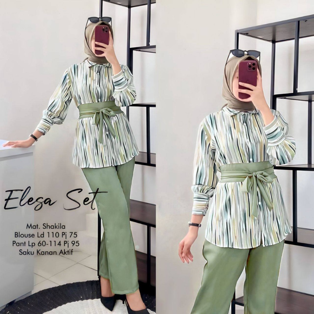 Jual Elesa Set - One Set Shakila Twill Premium Setelan Wanita Lengan 7/8 Set Celana Kekinian LD ...