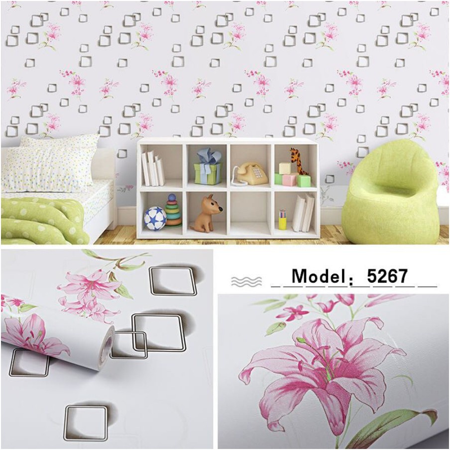 Jual WALLPAPER DINDING ukuran 45 cm x 10 M Motif 3D KOTAK PUTIH BUNGA PINK | Shopee Indonesia