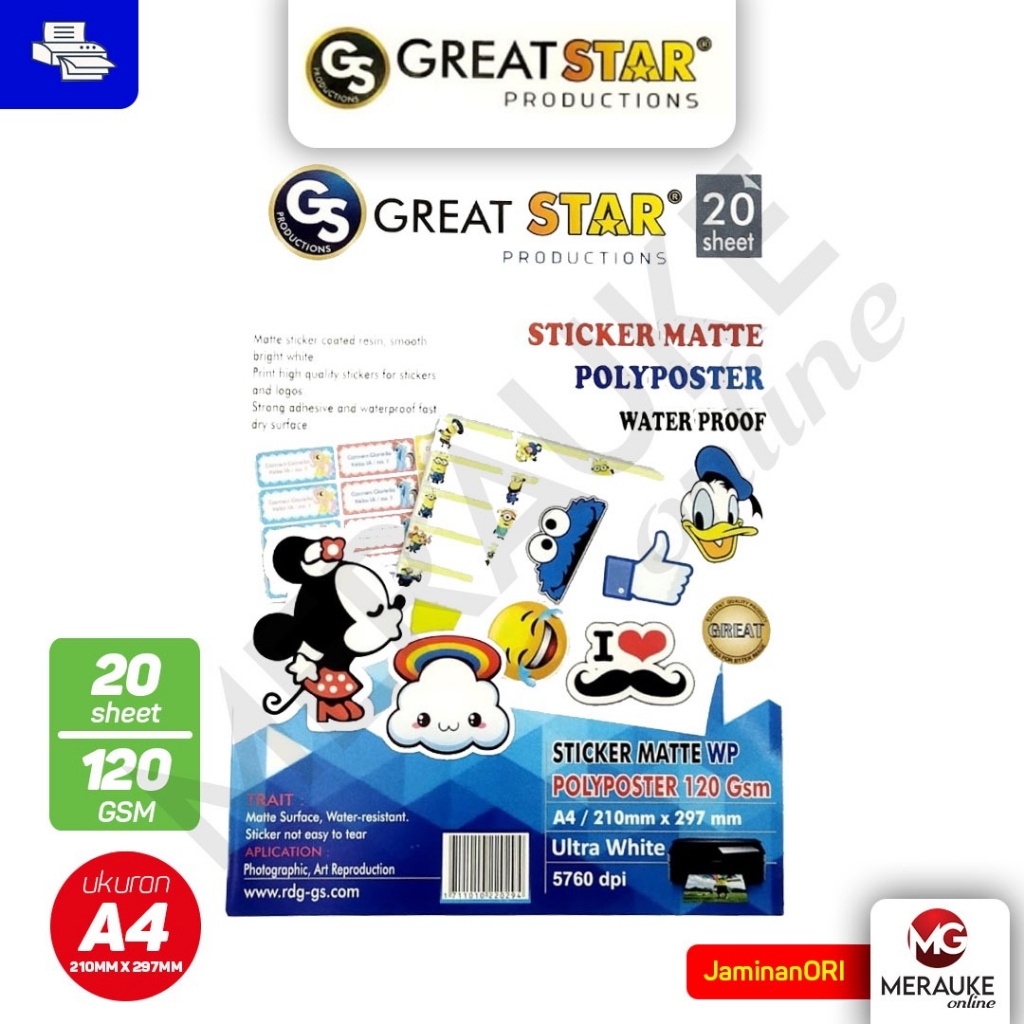 Jual Kertas Foto Great Star Sticker Matte Polyposter WP A4 120gsm 20 ...