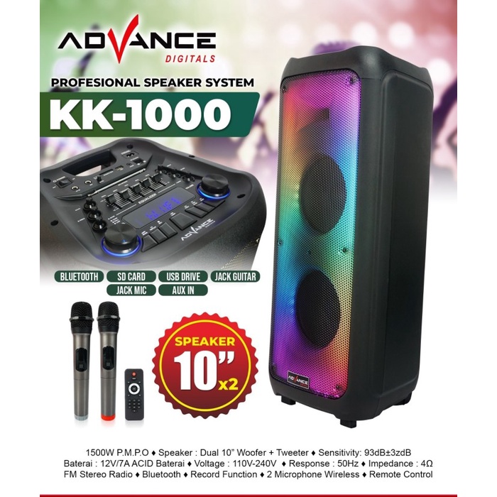 Jual Advance Speaker KK-1000 10" Bluetooth RGB Light Free 2 Mic ...
