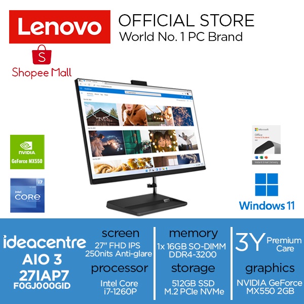 Jual Lenovo IdeaCentre AIO 3 27IAP7 0GID Core i7-1260P 16GB 512GB MX550 W11 | Shopee Indonesia
