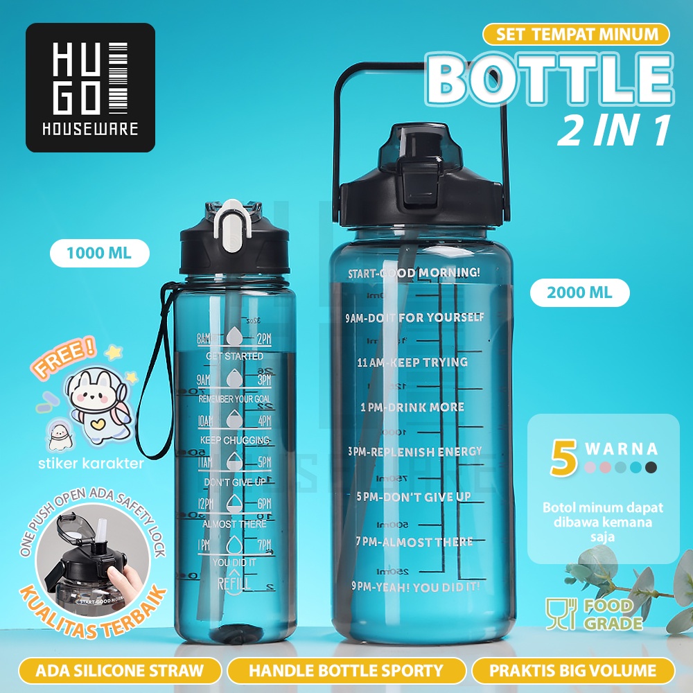 Jual BL20 HUGO Botol Minum Motivasi Set 2 in 1 Botol Air 2 Liter + 1 ...