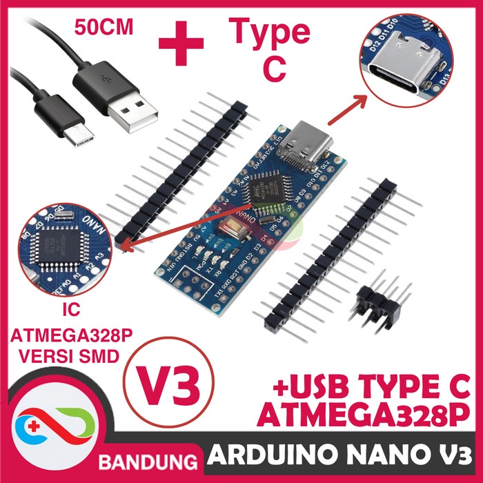 Jual ARDUINO NANO V3.0 ATMEGA328P TYPE-C PLUS KABEL CH340 HQ IC ORIGINAL 3S27 | Shopee Indonesia