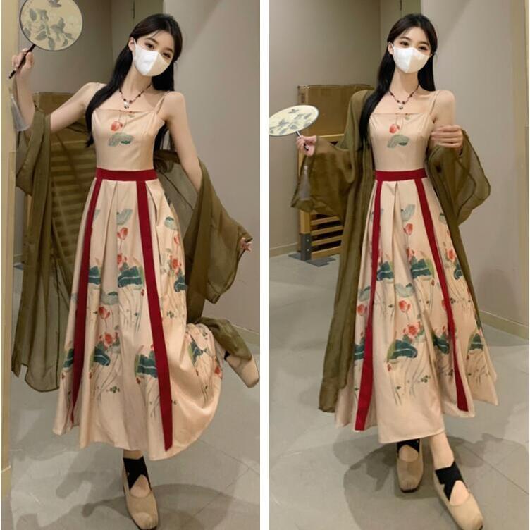 Jual Women's Hanfu Sling Dress Women's Summer Fat mm Zen Long Dress Two ...