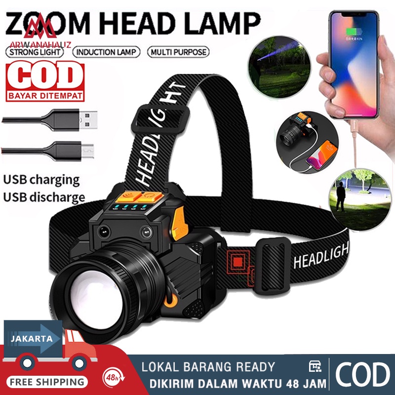 Jual Senter Kepala Led zoom super/lampu depan tahan air sensor gerak/LED senter super terang/USB ...