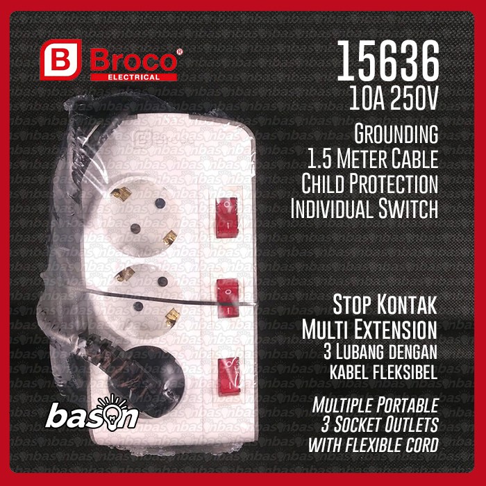 Jual BROCO 15636 Stop Kontak Arde 3 Lubang Slanting + Kabel 1.5Meter ...