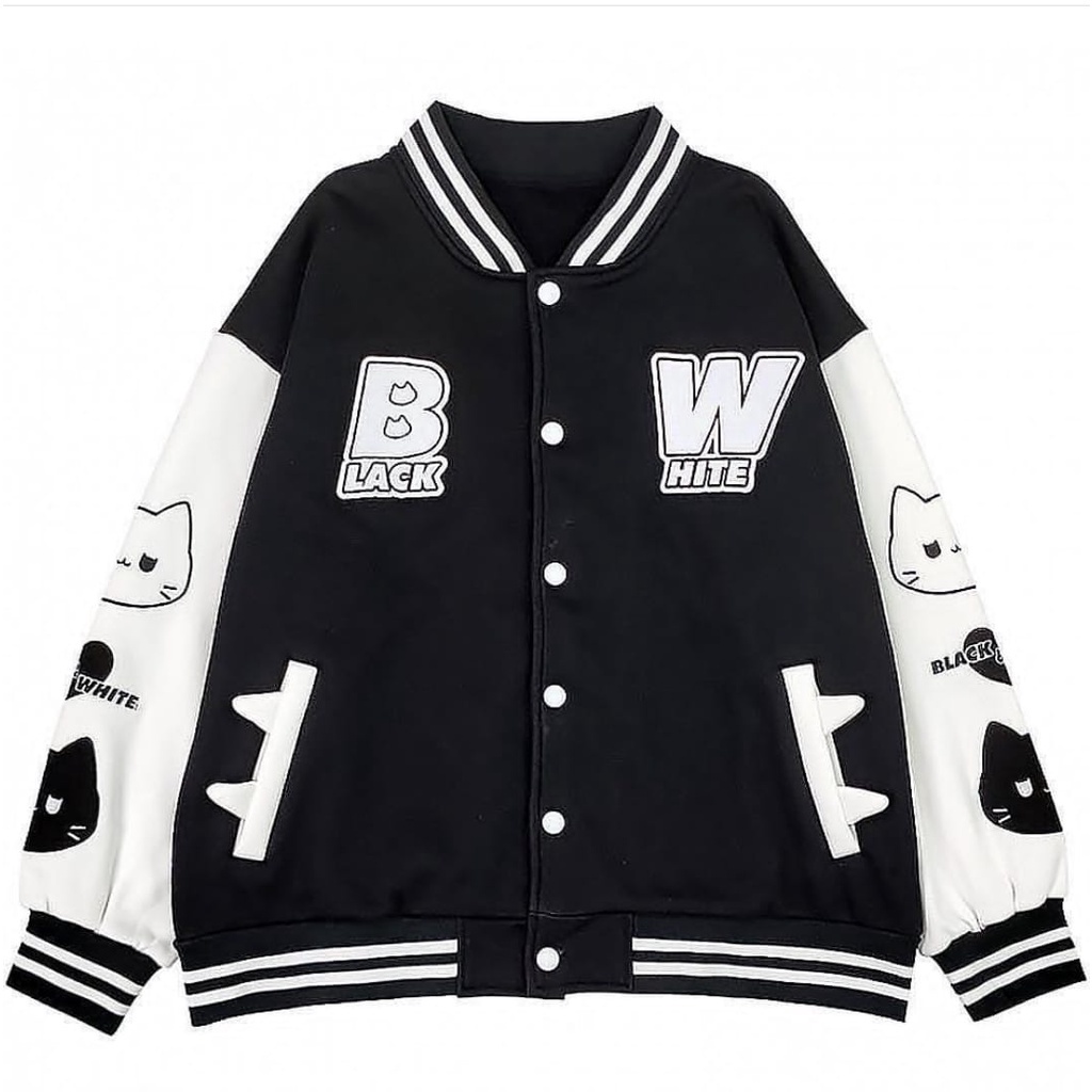 Jual TF - BLACK WHITE CAT Jacket Varsity Baseball Wanita Korean High ...