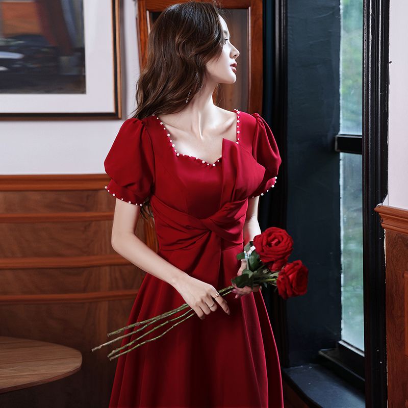 Jual Korean Style Red Evening Dress Dress Women's French Dress | Shopee ...
