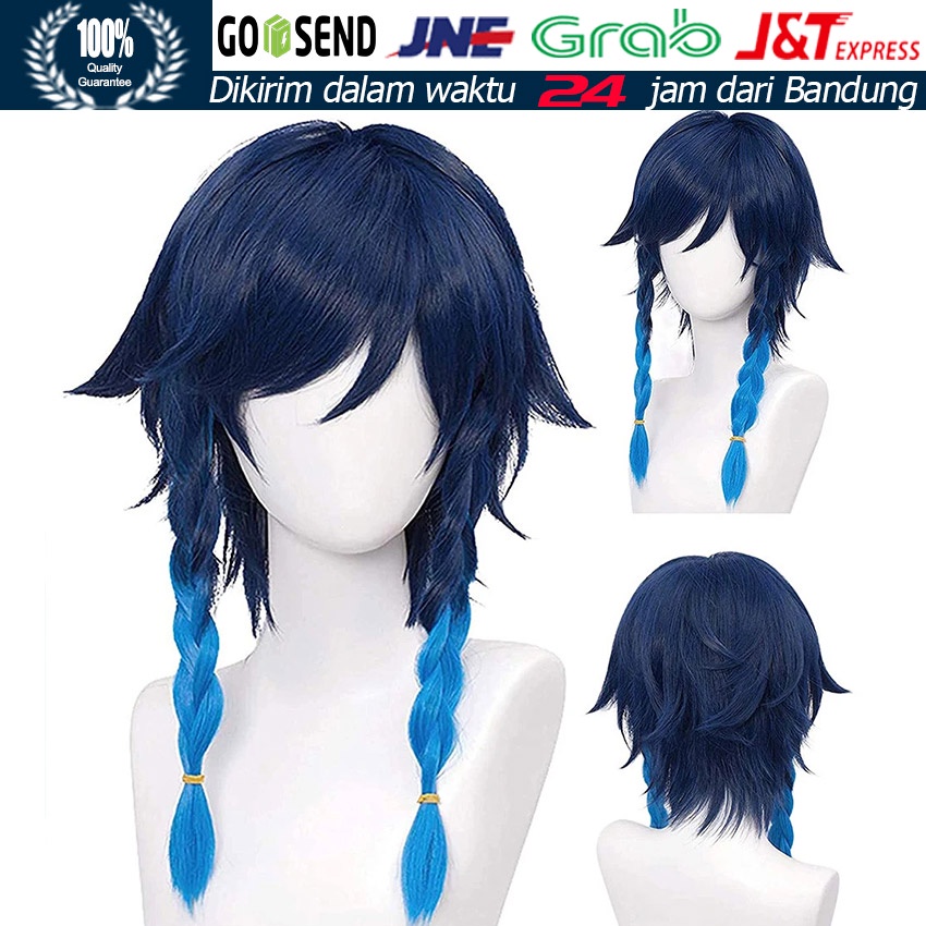 Jual Genshin Impact Venti Cosplay Wigs Game Blue Gradient Short Hair Heat Resistant Synthetic ...