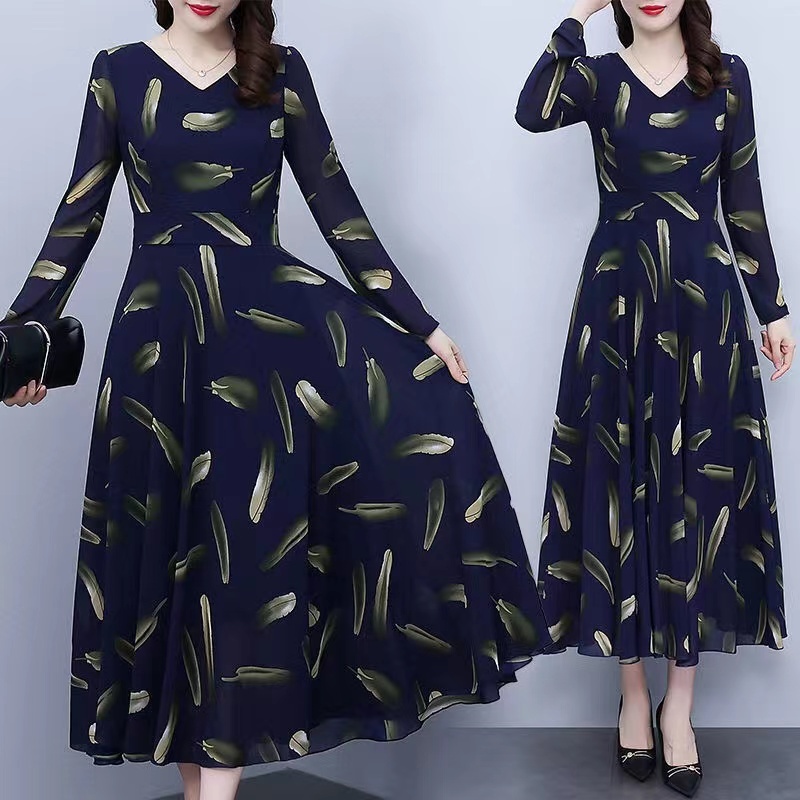 Jual Gaun sifon cetak biru laut V-neck ukuran besar | Shopee Indonesia