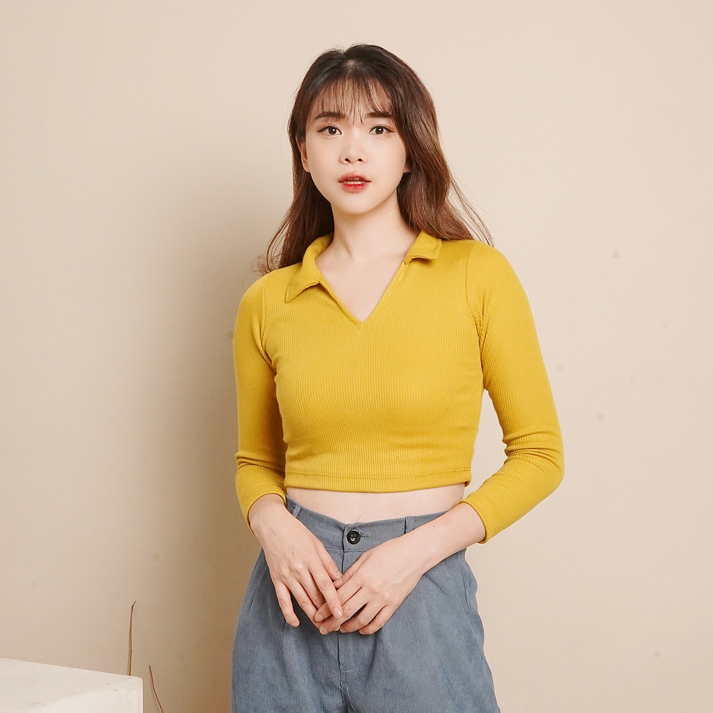 Jual [ S to XXL ] Larifa V-Neck Collar Crop Top Long Sleeves Knit Polo - Atasan Baju Rajut ...