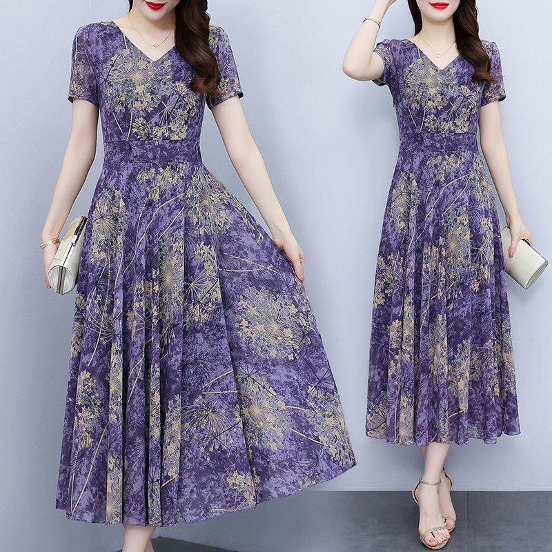 Jual 9067-Musim panas rok besar gaun sifon bunga pinggang ramping ...
