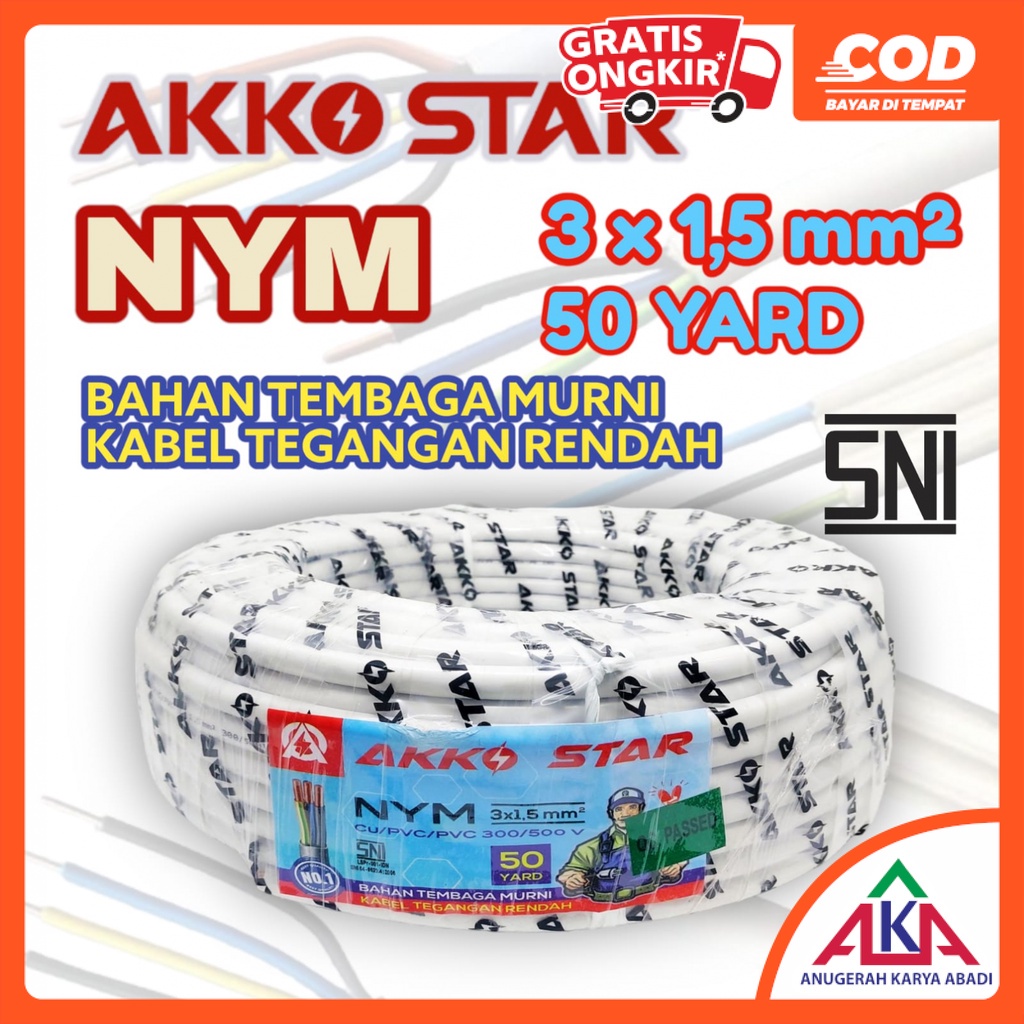 Jual AKKO STAR Kabel Listrik NYM 3x1.5 Standar PLN Tembaga 45 M / 50 ...