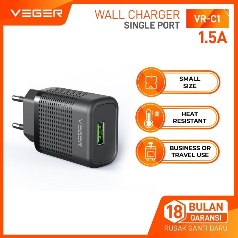 Jual Kepala charger VEGER VR-C1 ORIGINAL 5V 1.5A fast charging ...