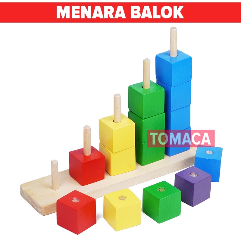 Jual Mainan Kayu Anak Edukatif Menara Balok Warna Susun Kubus learning ...