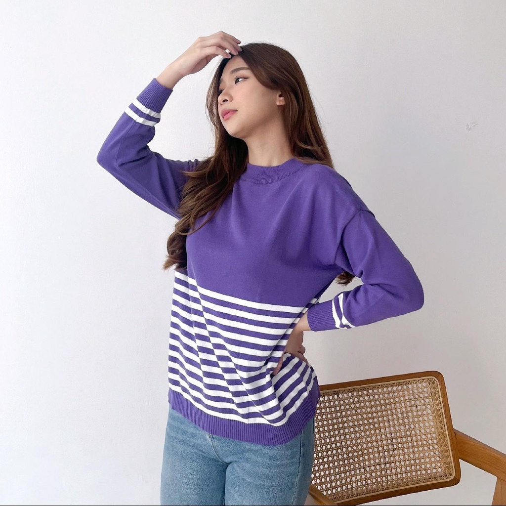 Jual EIKO KNIT TOPS - sweater rajut katun wanita motif garis garis | Shopee Indonesia