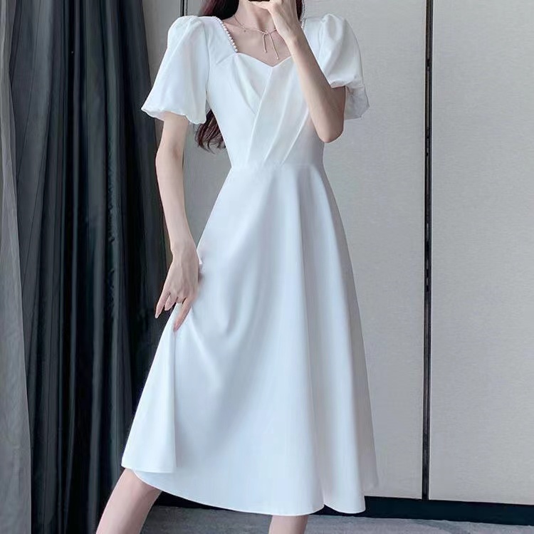 Jual 5022 Gaya dewi Korea baru leher persegi gaun / rok gaun putih ...